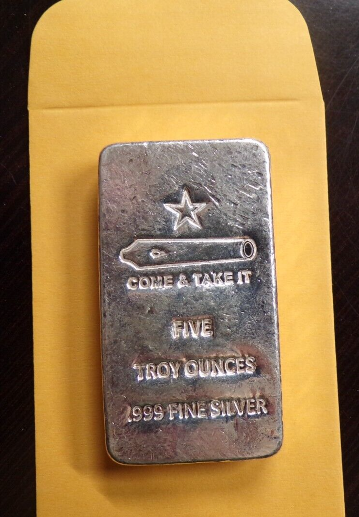 Silver 5 oz Troy Eagle Forge Come & Take It Bullion bar.999 Fine Silver ...