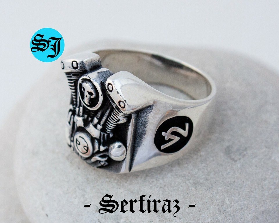 V2 Skull Motorcycle Engine Solid 925 Sterling Silver Men's Woman's ...