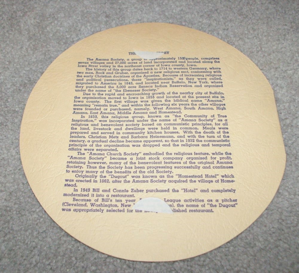 Vintage Bill Zuber’s Dugout Restaurant Menu Homestead Iowa Baseball ...