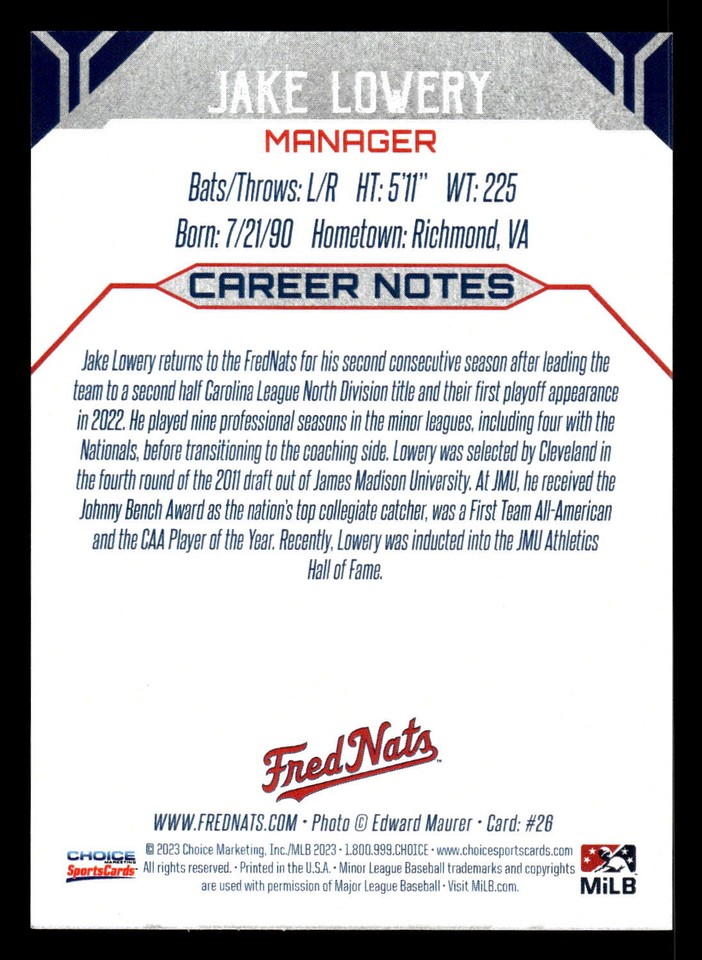 Jake Lowery 2023 Choice Fredericksburg Nationals #26 Fredericksburg ...