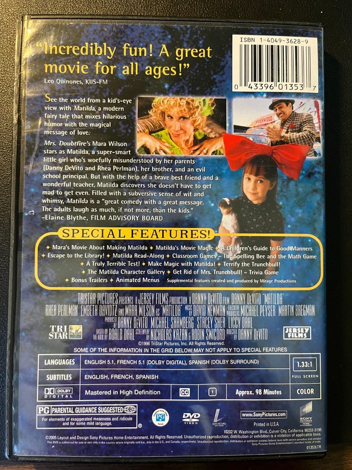 Matilda (DVD, 1996) Special Edition Danny Devito Mara Wilson Rhea ...