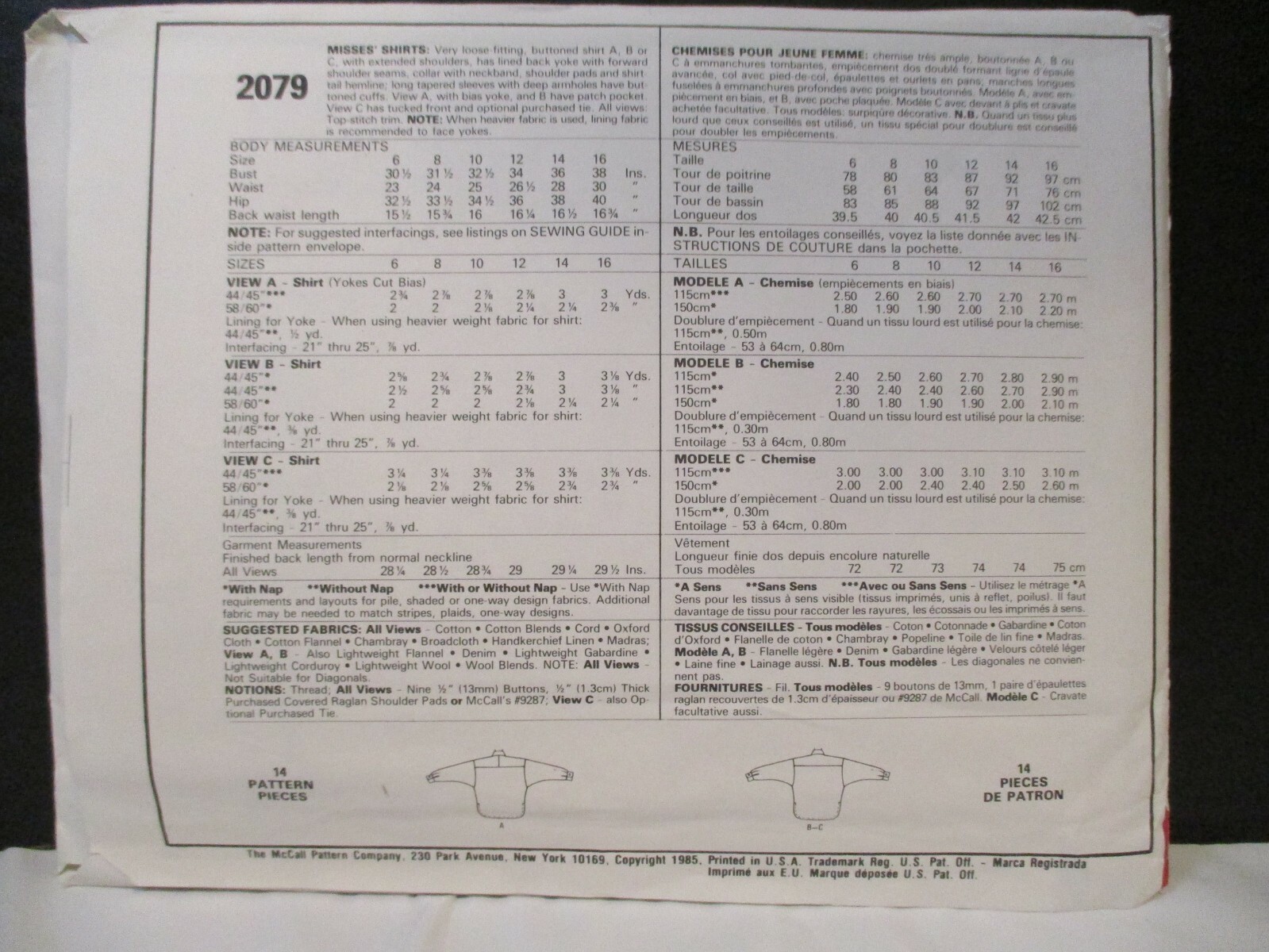 McCall's Pattern 2079 Miss Size 10 Loose-Fitting Buttoned Shirts Uncut ...