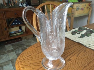 Cracked EAPG Dalzell Gilmore Leighton Glass Pitcher w Bicycle Girl See ...