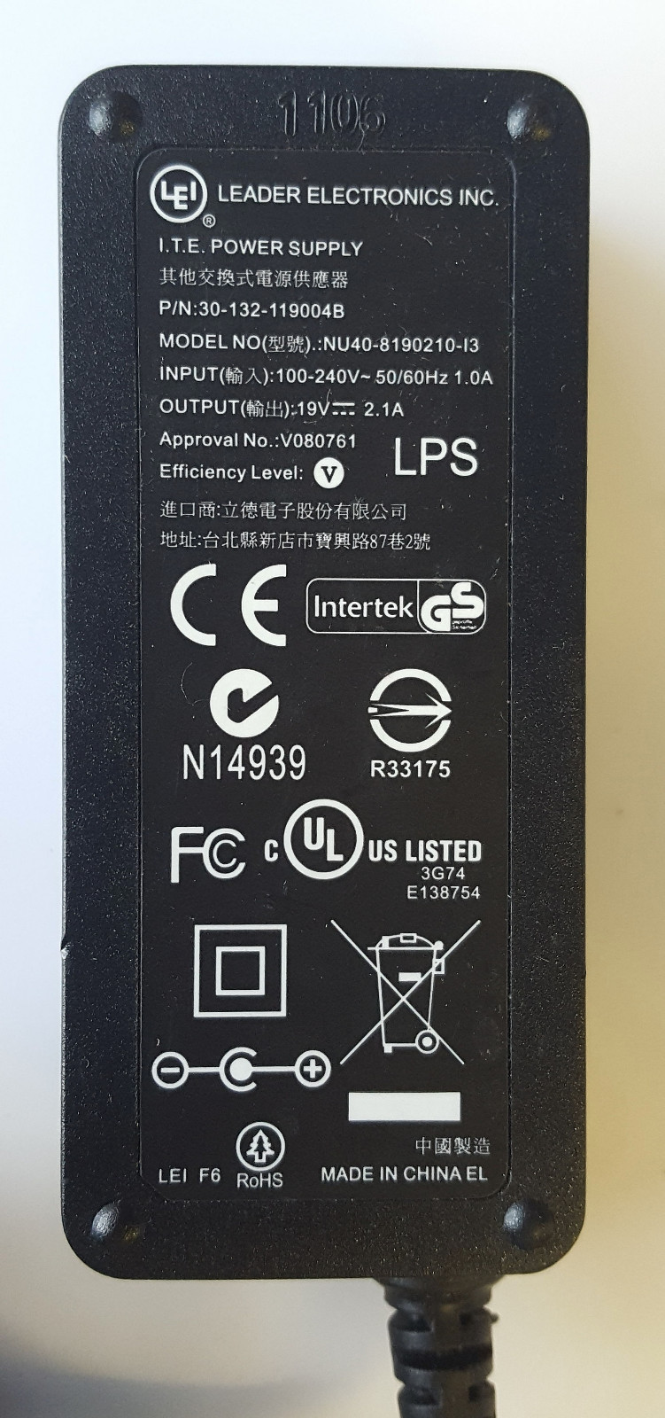 LEADER ELECTRONICS INC (LEI) NU40-8190210-I3 AC/DC 19V 2.1A 30-132 ...