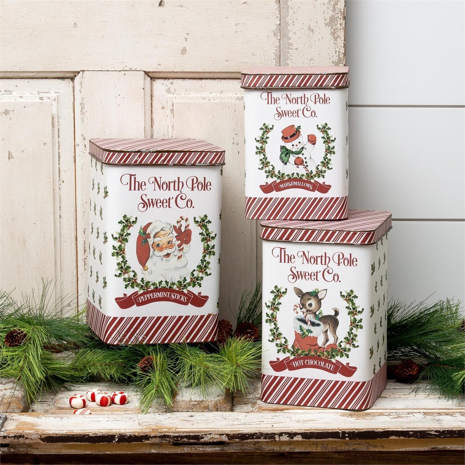 New Vintage Santa Snowman Deer MARSHMALLOW PEPPERMINT COCOA CANISTER ...