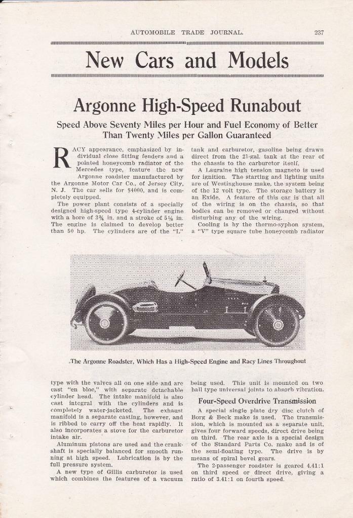 1919 Argonne High Speed Runabout Roadster 2 page Article w/ photo ...