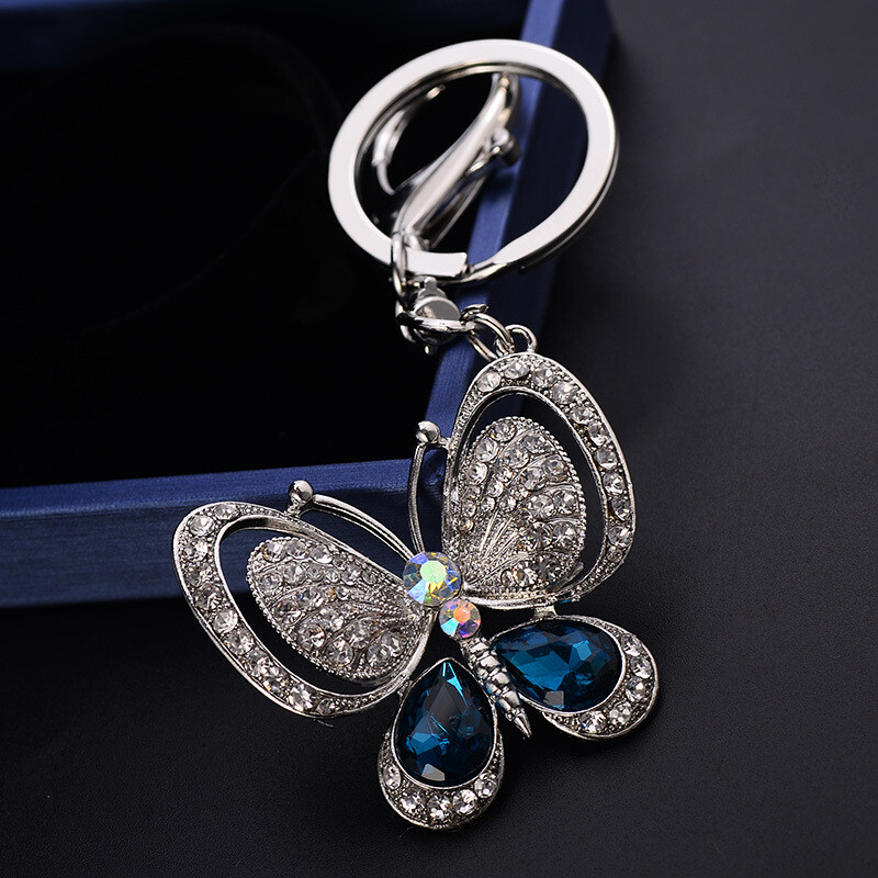 Red/Blue AAA Cubic Zirconia Butterfly Keychain Girl's Silver Key Ring ...