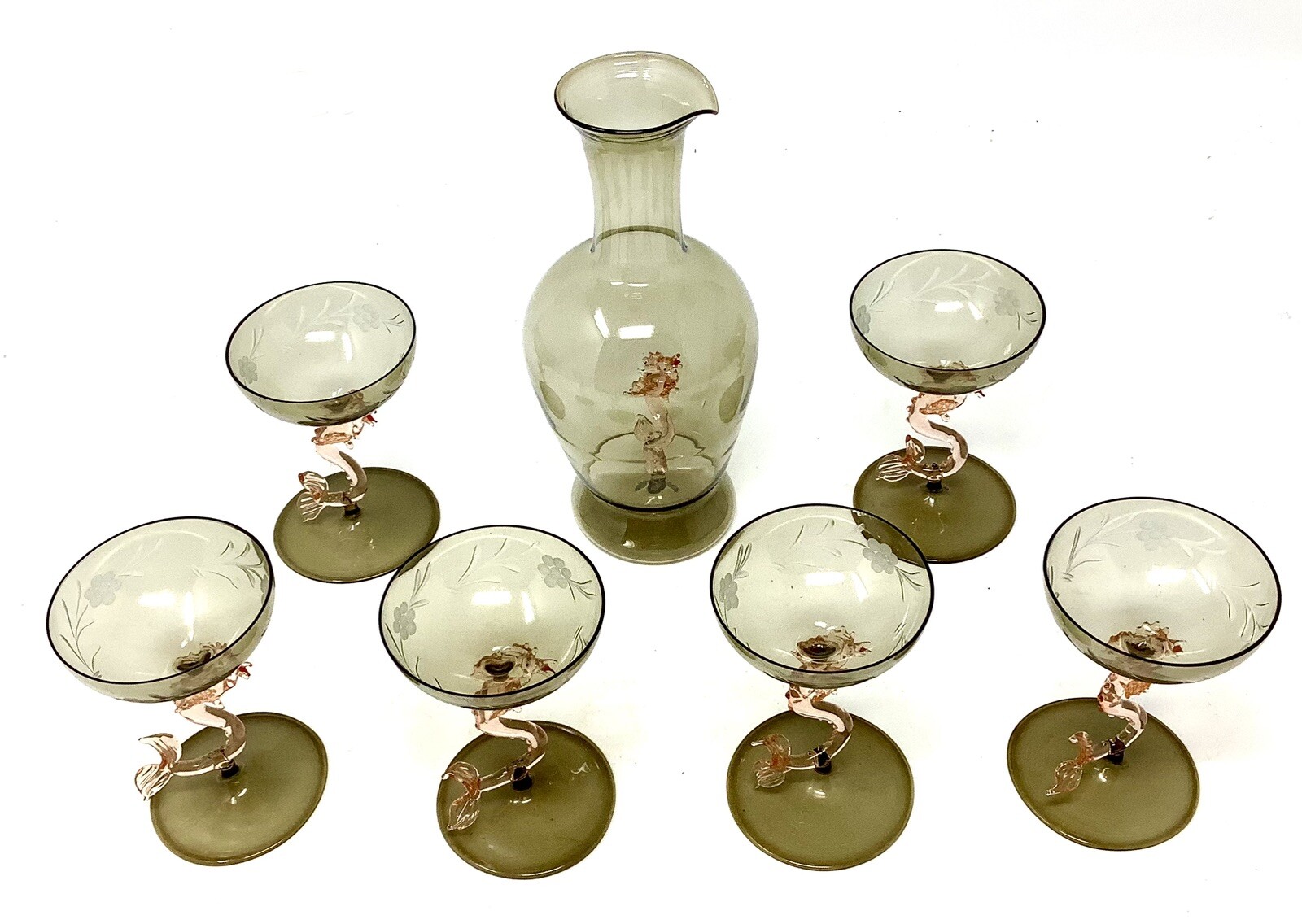 Antique Fritz Lampl Bimini & Lauscha Glass Carafe & 6 Glasses w/Pink ...