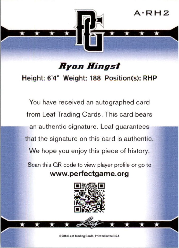2013 Leaf Perfect Game Autographs #RH2 Ryan Hingst - NM-MT | eBay
