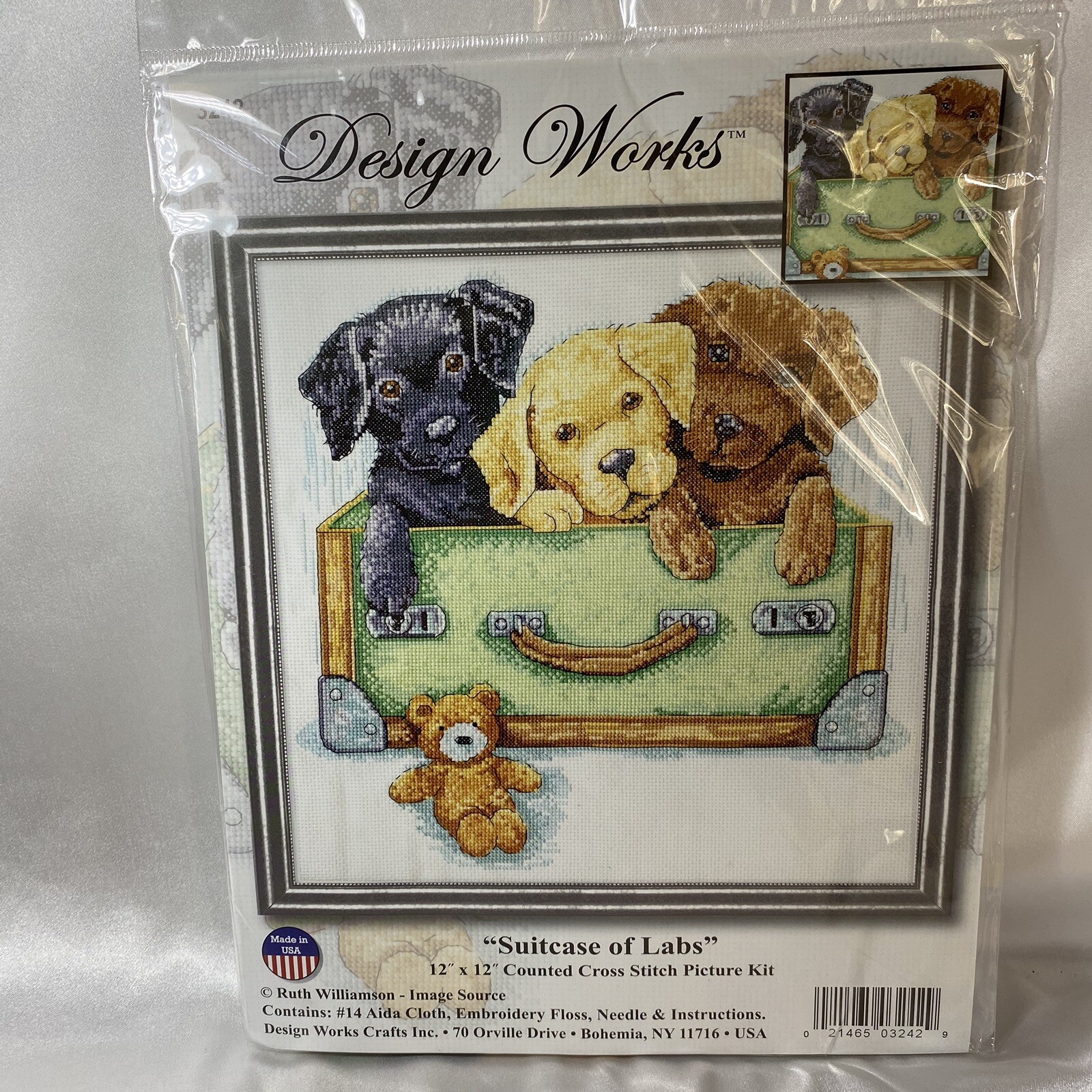 Design Works Cross Stitch Kit Suitcase of Labs Puppy Teddy Bear 12x12 ...