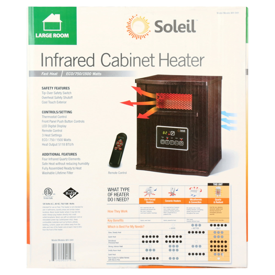 Soleil 1500W Electric Infrared Quartz Cabinet Heater with Remote | eBay