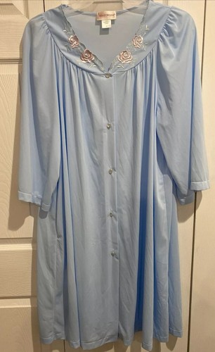 Shadowline Sleep Robe Light Blue Embroidered Button Front Nylon Plus ...
