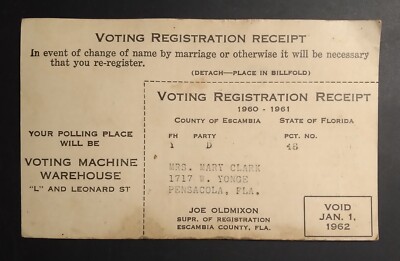 Vintage 1960-1961 Voting Registration Receipt/Card Escambia County ...