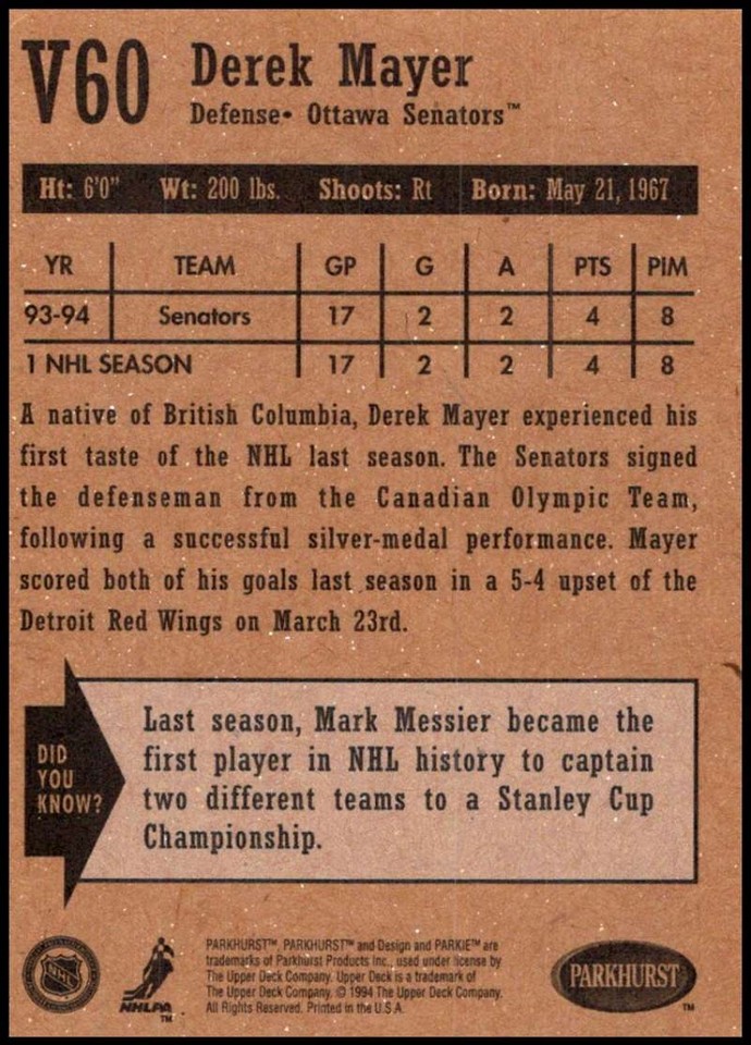 Derek Mayer 1994-95 Parkhurst Vintage #V60 Senators (BOX 44) ID:17707 ...