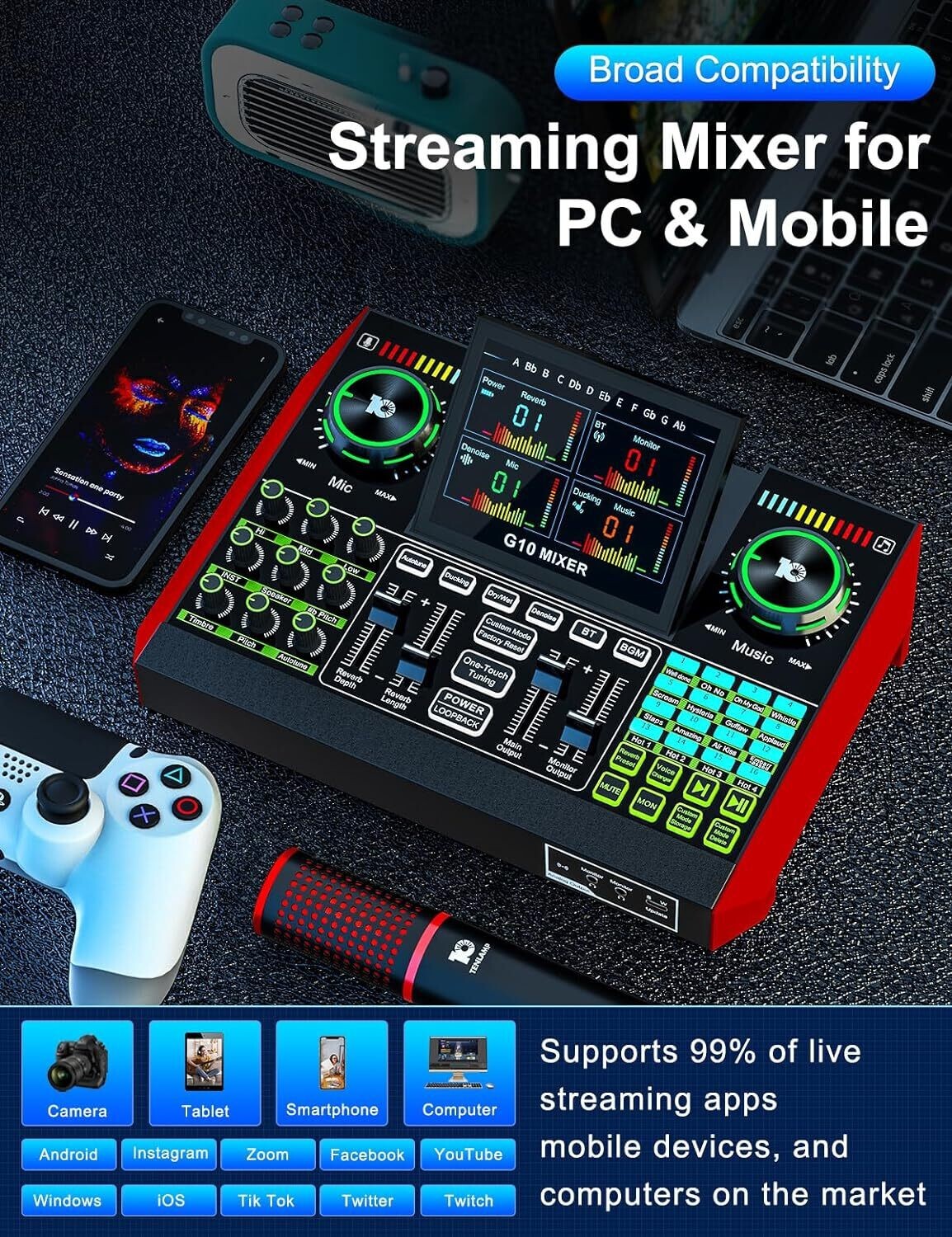 Live Sound Card for Live Streaming Singing with 48V Phantom Power, 6 ...