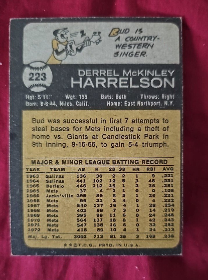 BUD HARRELSON autograph card 1973 Topps #223 auto New York Mets signed ...