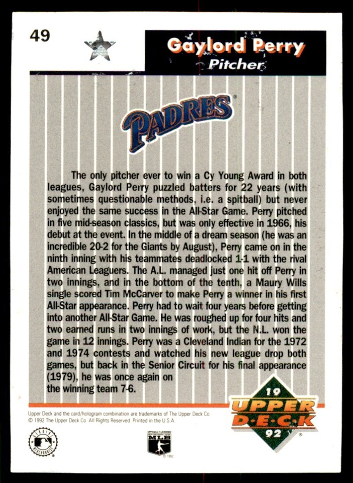 1992 Upper Deck All Star FanFest Gaylord Perry Baseball Cards #49 | eBay