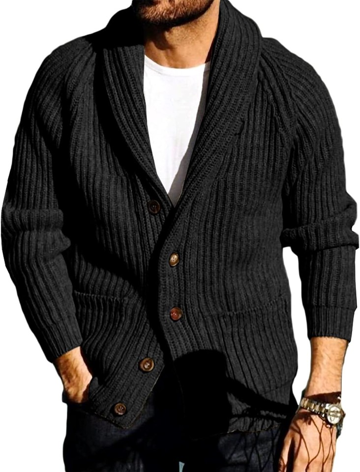 Men's Cozy Cable Knit Cardigan Sweater Shawl Collar Button Down Open ...