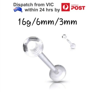 16g BioFlex Clear Acrylic Flexi 6mm Labret Bar Lip Ear Ring Retainer ...