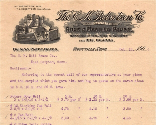 Robertson Co Montville CT Letterhead Rope Folding Paper Boxes Manilla ...