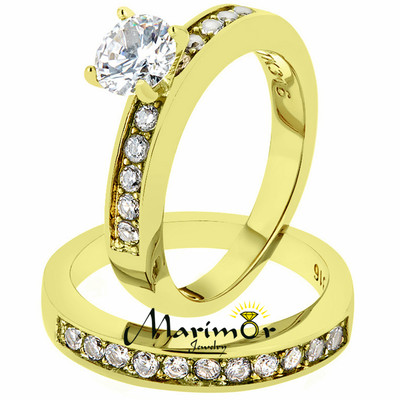 1.17 Ct Round Brilliant Cut CZ Stainless Steel14k GP Wedding Ring Set ...