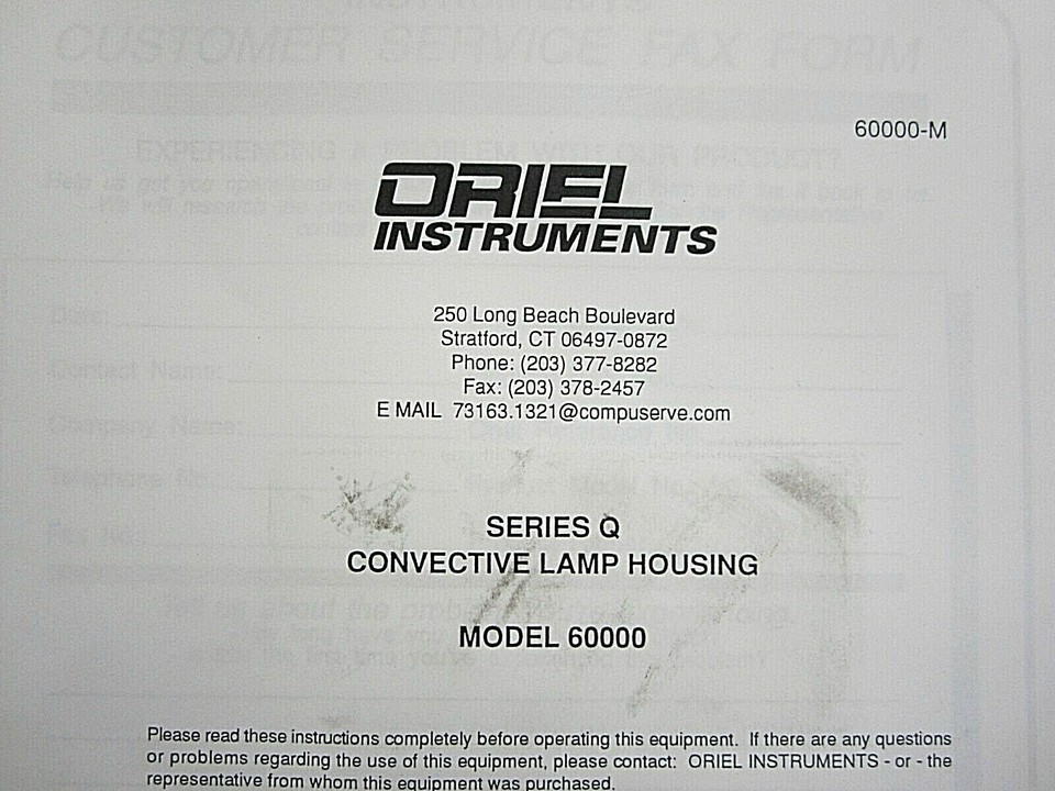 Oriel Model 60000, Series Q Convective Lamp Housing Instruction Manual ...