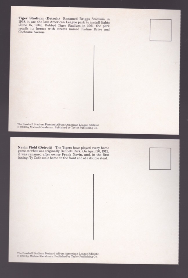 2 Postcards DETROIT TIGERS Navin Field 1912 + Briggs Stadium 1938 white ...