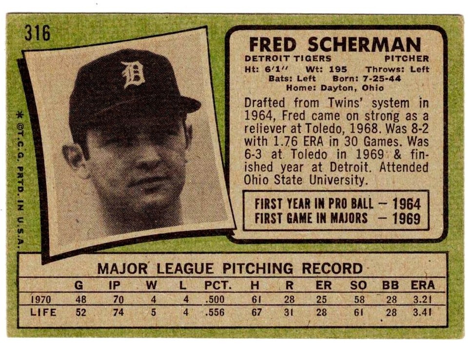 Fred Scherman 1971 Topps Detroit Tigers card #316 (vg) B | eBay