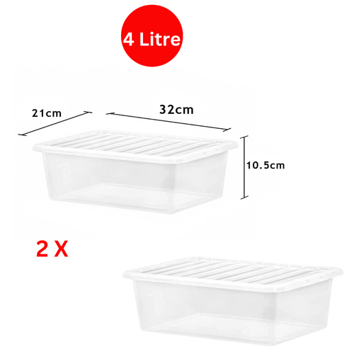 2 X Plastic 4L Storage Box Stackable Lid Clear Container Home Kitchen ...