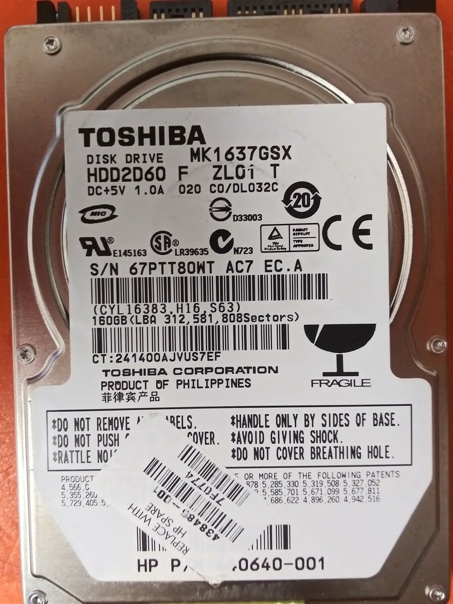 ⭐️⭐️⭐️⭐️⭐️ HDD Hard Drive SATA Laptop 2.5" Toshiba MK1637GSX 160GB ...