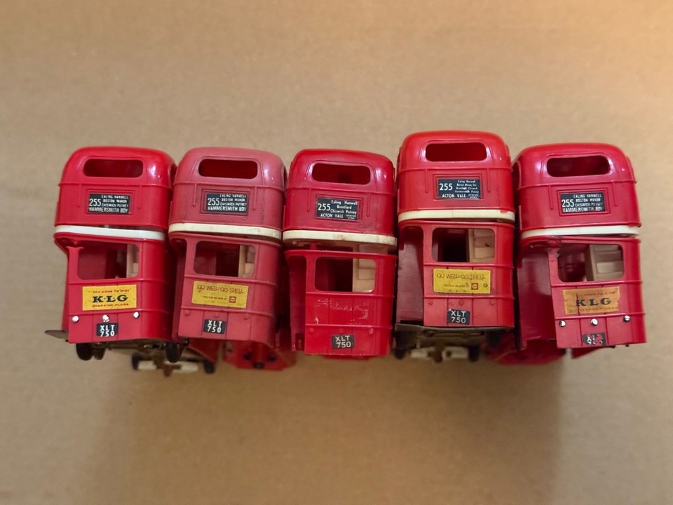 Five Minic Motorway Routemaster London Buses & 2 brass slot car chassis ...