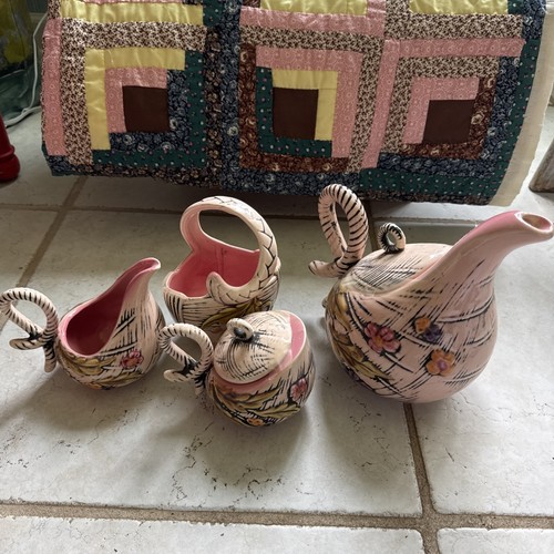 Vintage 1955 Hull Pottery Pink Blossom Flite Tea Pot Cream & Sugar Set ...