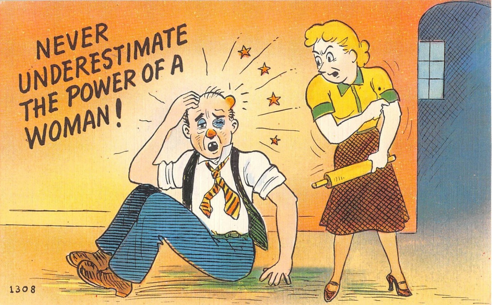 Wife Hits Husband in Head With Rolling Pin-Comic Old Linen PC-Power of ...