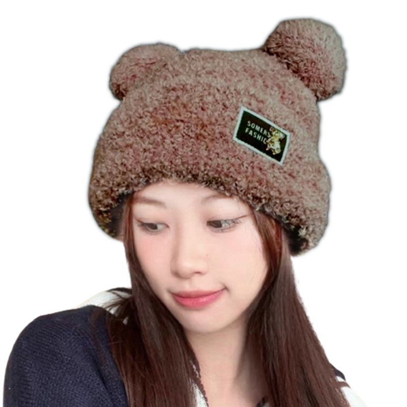 Plush Bear Ear Beanie with 3D Bear Decals Ear Warm Winter Driving Hat ...