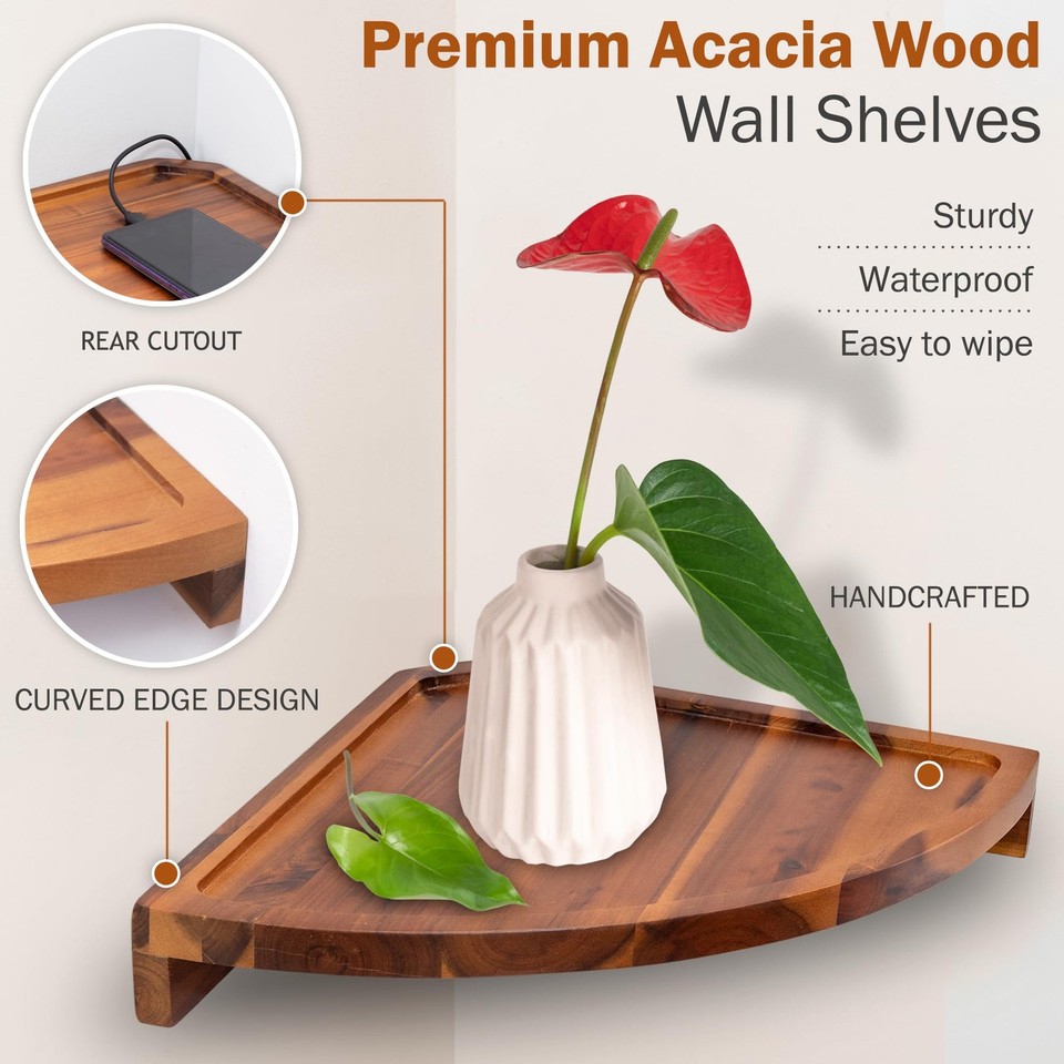 Demigo Floating Round Corner Shelves for Wall 2pcs - Acacia Wood Wall ...