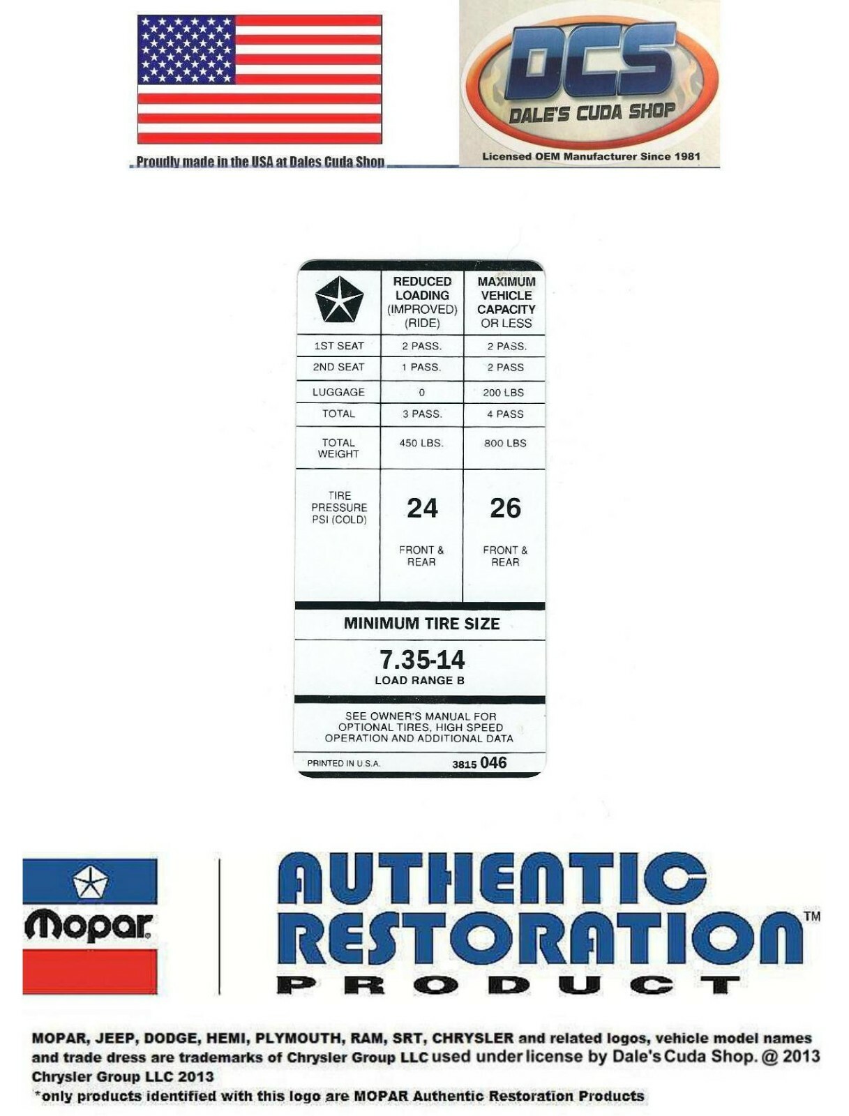 1973 74 75 Dart Swinger Duster Valiant 7.35x14 Tire Pressure Decal ...