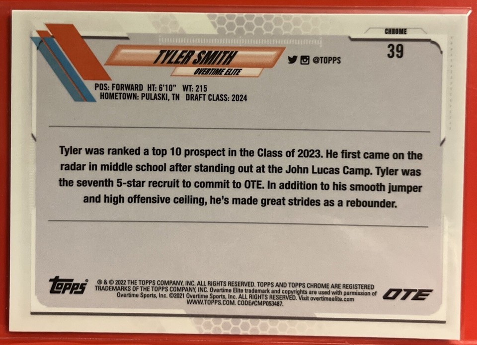 Tyler Smith 2021-22 Topps Chrome OTE Rookie Card #39 OTE | eBay