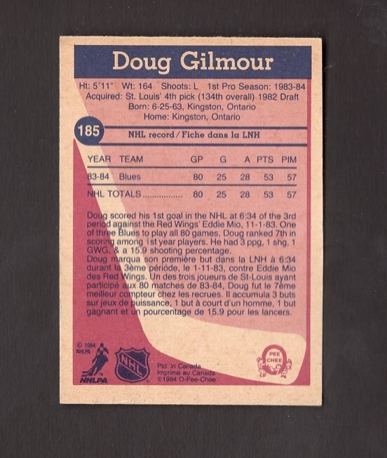 1984 OPC O-PEE-CHEE # 185 ROOKIE Doug Gilmour St. Louis Blues SHIPPING ...
