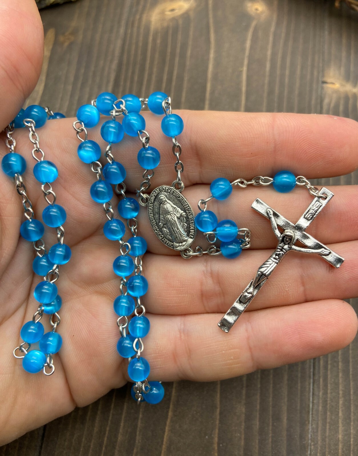 Light Blue Rosary Beaded Chaplet Necklace Miraculous Medal Cross | eBay