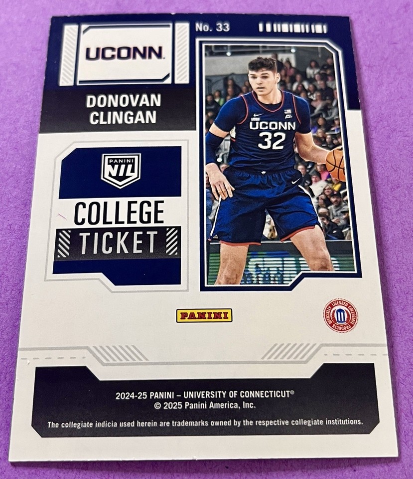 Donovan Clingan 2024-25 Panini UCONN NIL COLLEGE TICKET RED WHITE BLUE ...