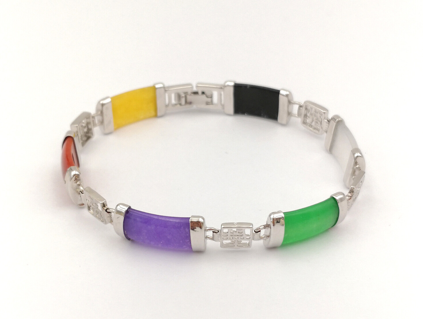 Green Purple Red Jade Agate Rectangle 18KGP Fortune Longevity Bangle ...