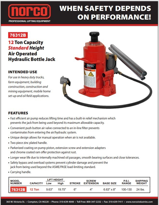 Norco 76312B 12 Ton Air Operated Hydraulic Bottle Jack | eBay