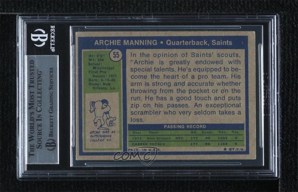 BAS 1972 Topps Archie Manning #55 BGS Authentic Auto Rookie RC | eBay