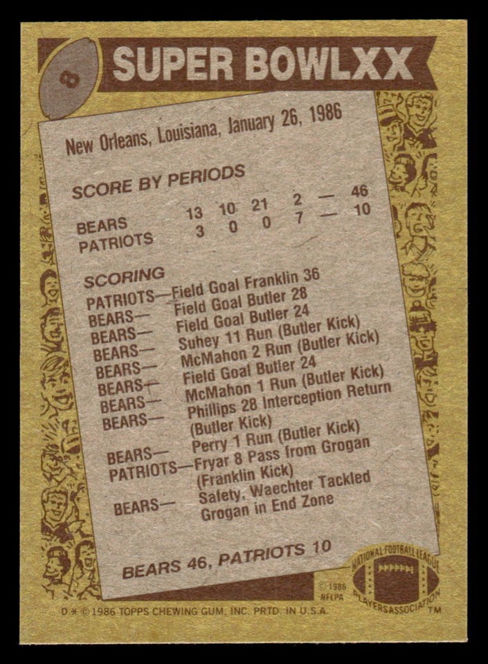1986 Topps #8 Super Bowl XX - Jim McMahon / Matt Suhey Bears / Patriots ...