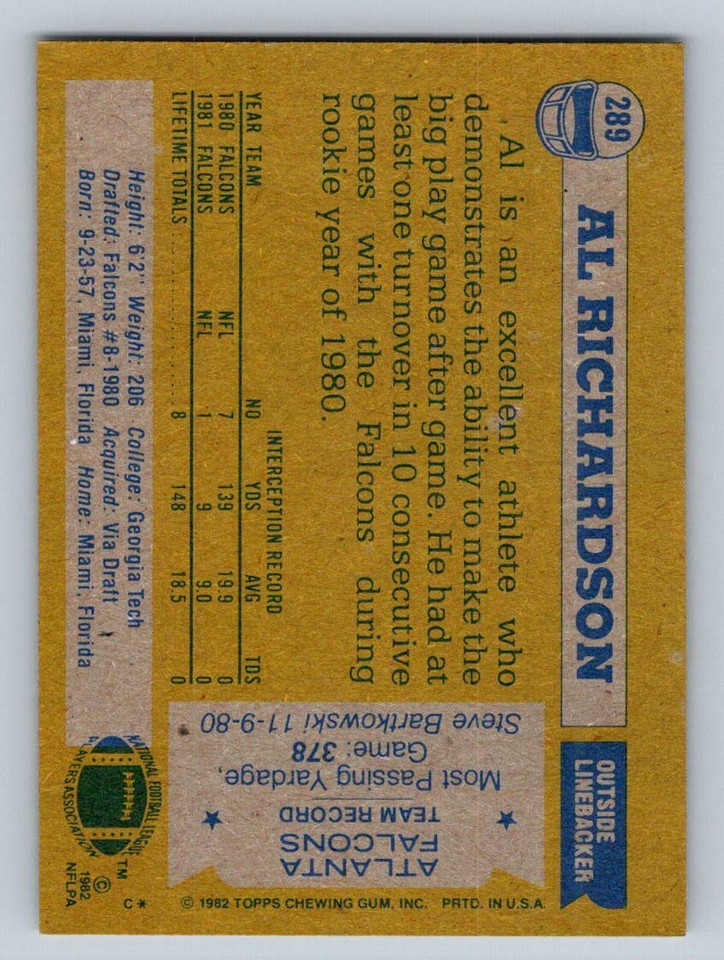Al Richardson #289 1982 Topps Atlanta Falcons | eBay