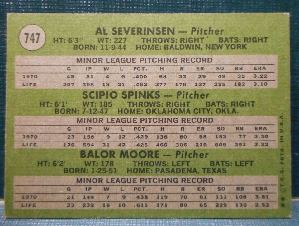 1971 Topps #747 N.L. Rookies Al Severinsen/Scipio Spinks/Balor Moore SP ...