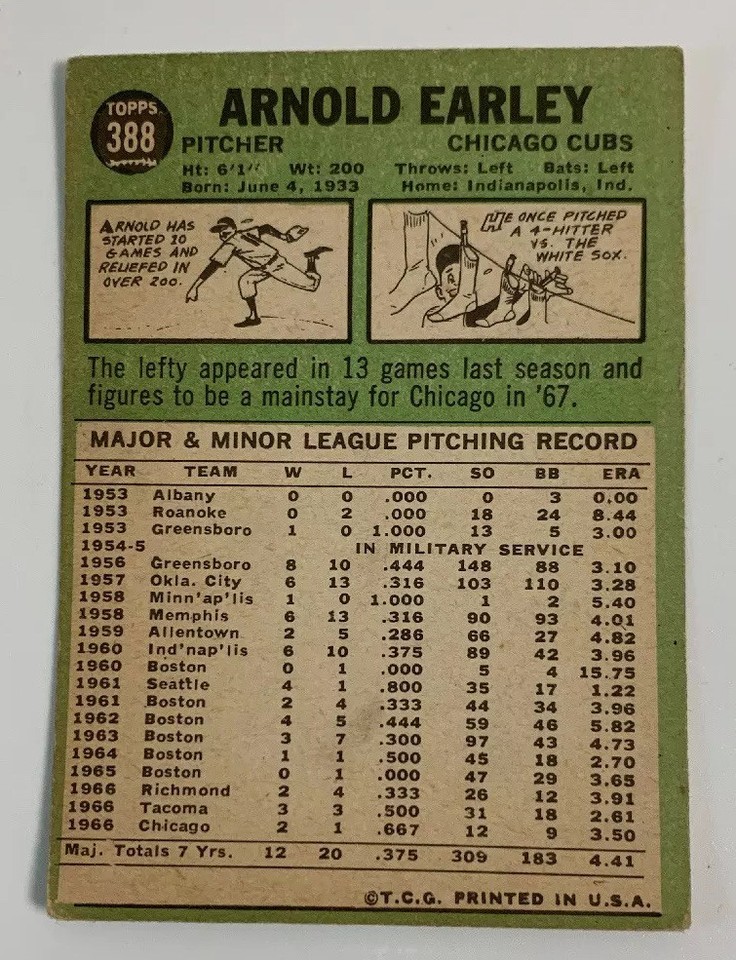 1967 Arnold Earley # 388 Chicago Cubs Topps Baseball Card | eBay