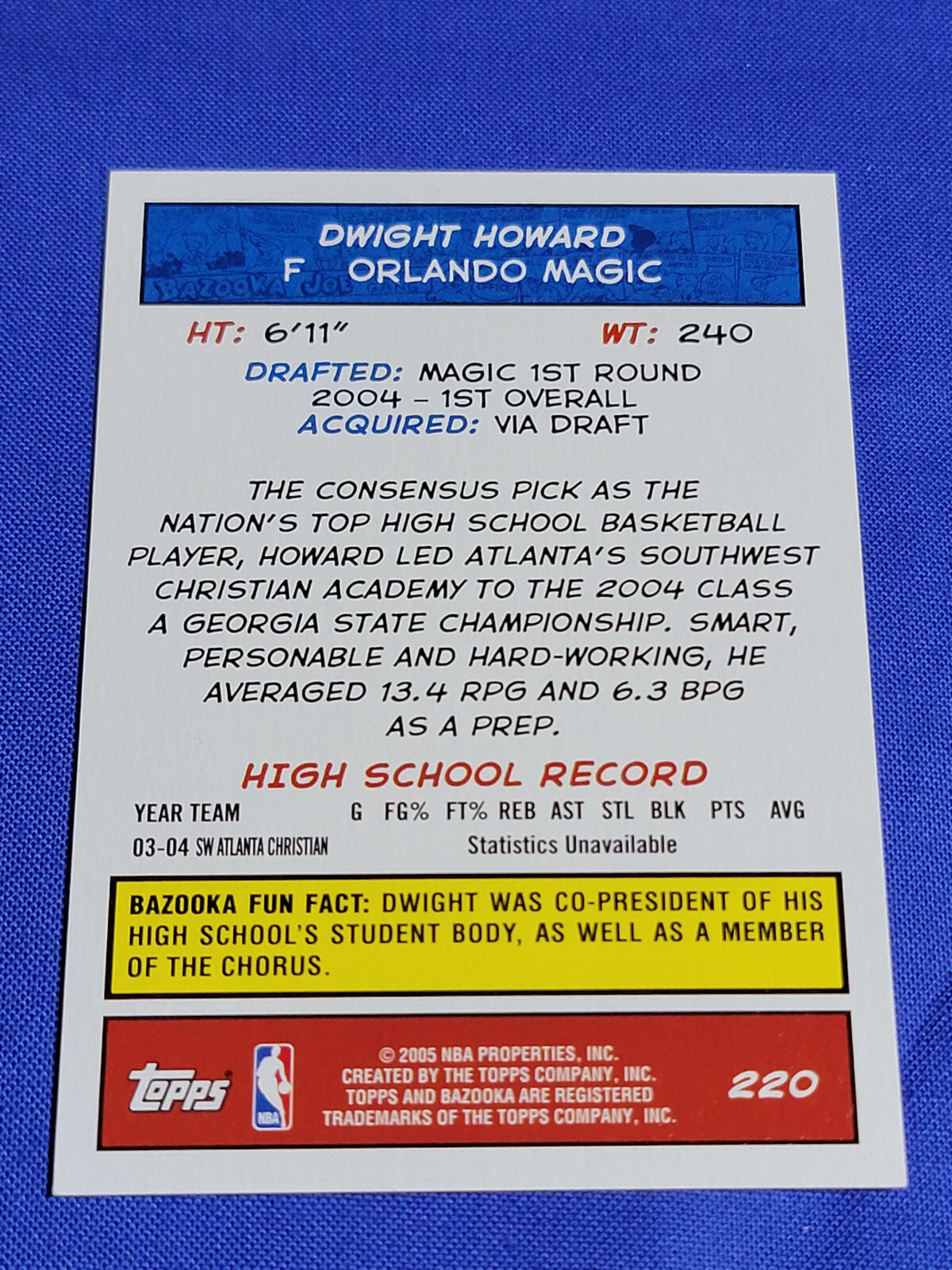 2004-05 Topps Bazooka Dwight Howard Magic Rockets Lakers Rookie RC #220 ...