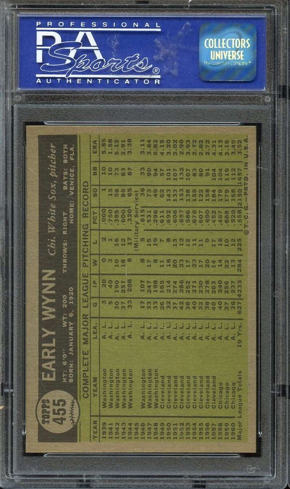 1961 TOPPS #455 EARLY WYNN PSA 8 WHITE SOX HOF *B61453 | eBay