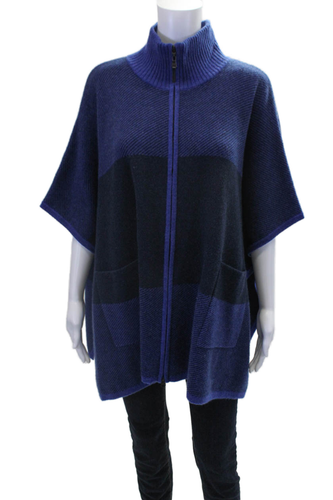 Kinross Cashmere Womens Cashmere Checkered Zip Up Poncho Sweater Blue ...